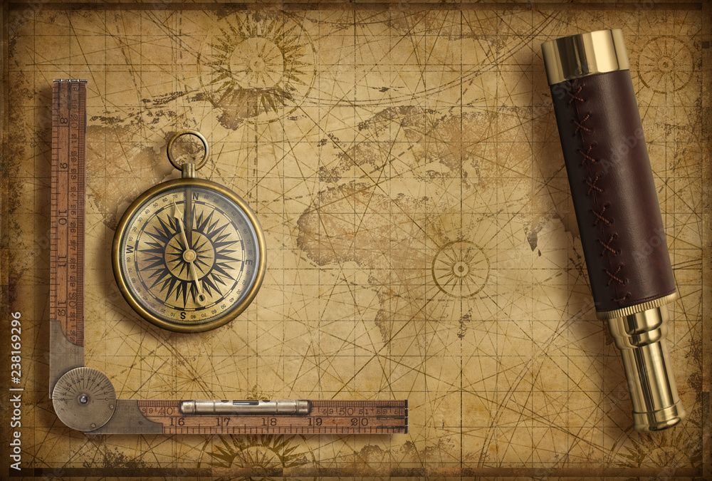 Old medieval world map with compass and spyglass. Adventure and travel ...