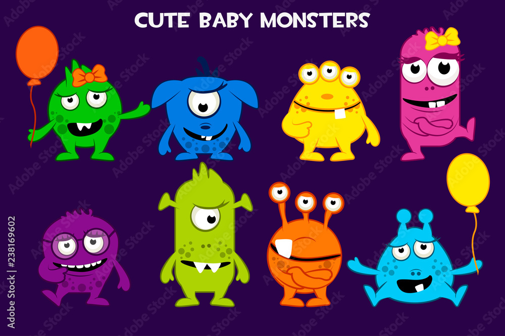 Vector collection of cute cartoon baby monsters, colorful and funny ...