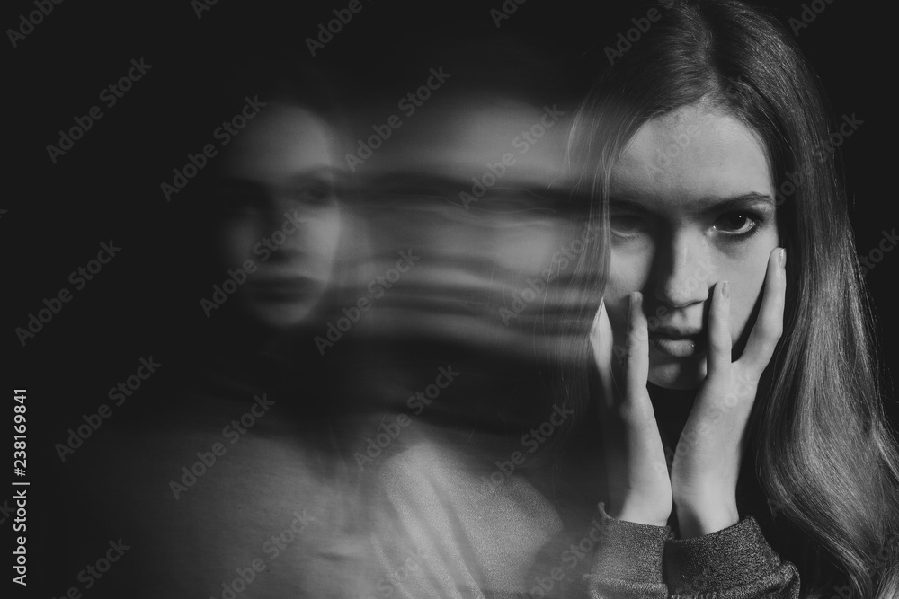 Poster Black and white picture of scared beautiful young redhead woman ...
