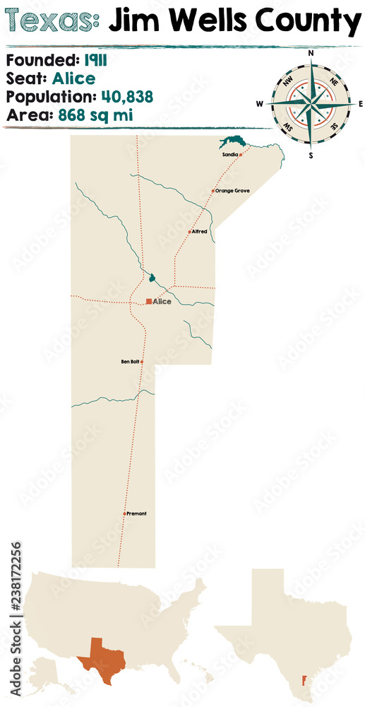 Detailed map of Jim Wells County in Texas, USA Stock Vector | Adobe Stock