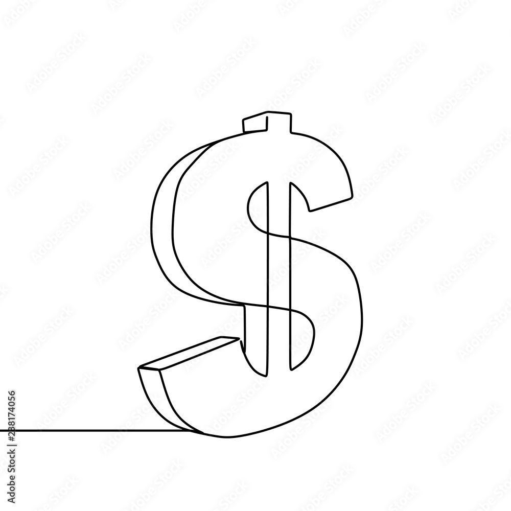 Dollar symbol sign isolated on white background. Continuous line ...