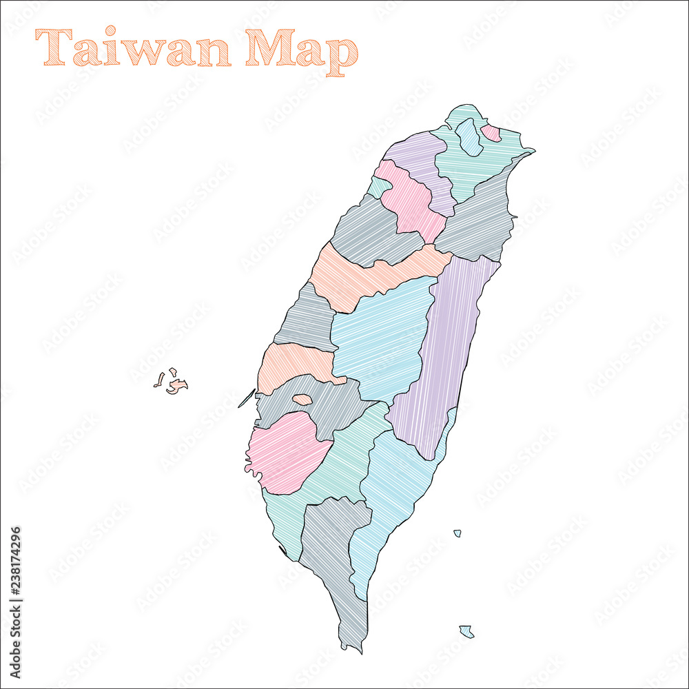 Taiwan hand-drawn map. Colourful sketchy country outline. Emotional ...
