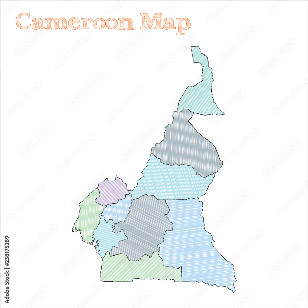Cameroon hand-drawn map. Colourful sketchy country outline. Delightful ...