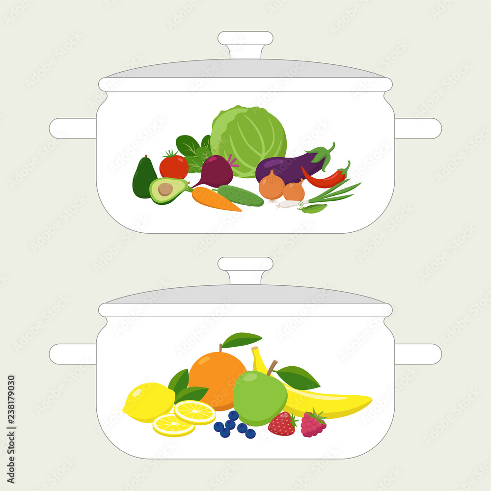Pan design template, casserole with vegetables and fruits sets on it in ...