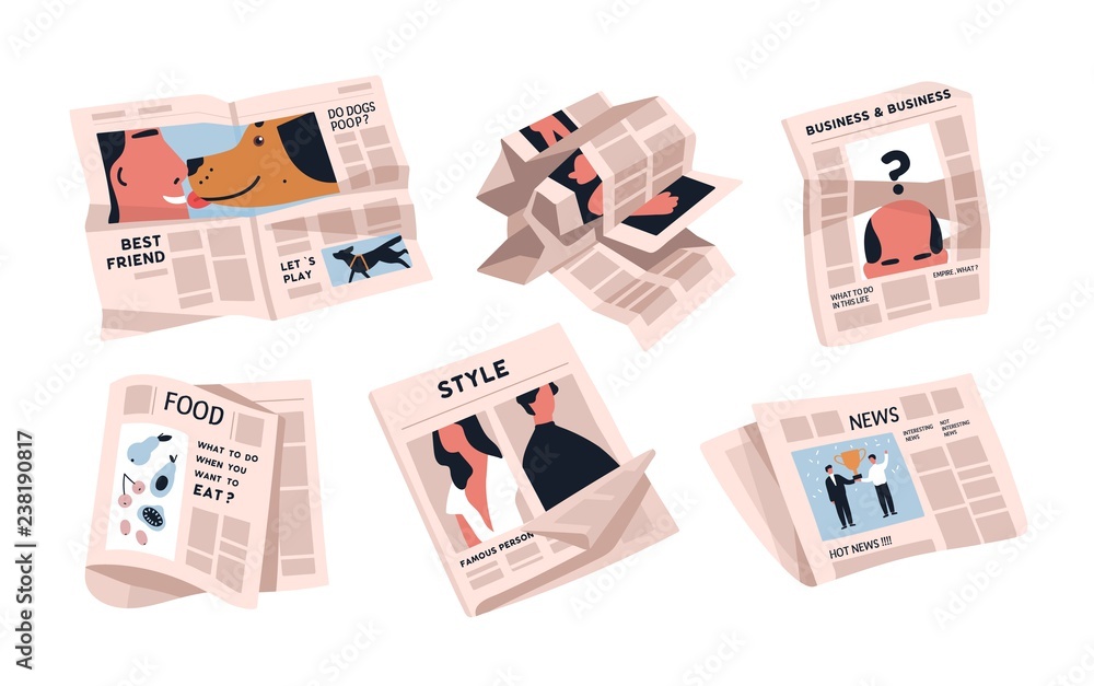 Collection of newspapers isolated on white background. Bundle of ...