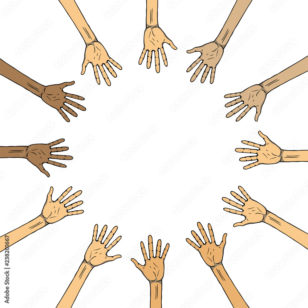 Vector illustration of human hands of different nationalities on white ...