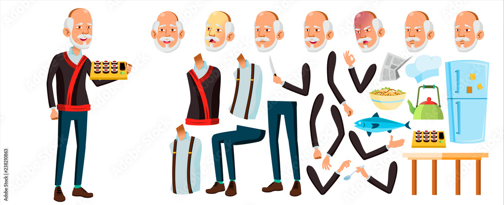 Asian Old Man Vector. Senior Person Portrait. Elderly People. Aged ...