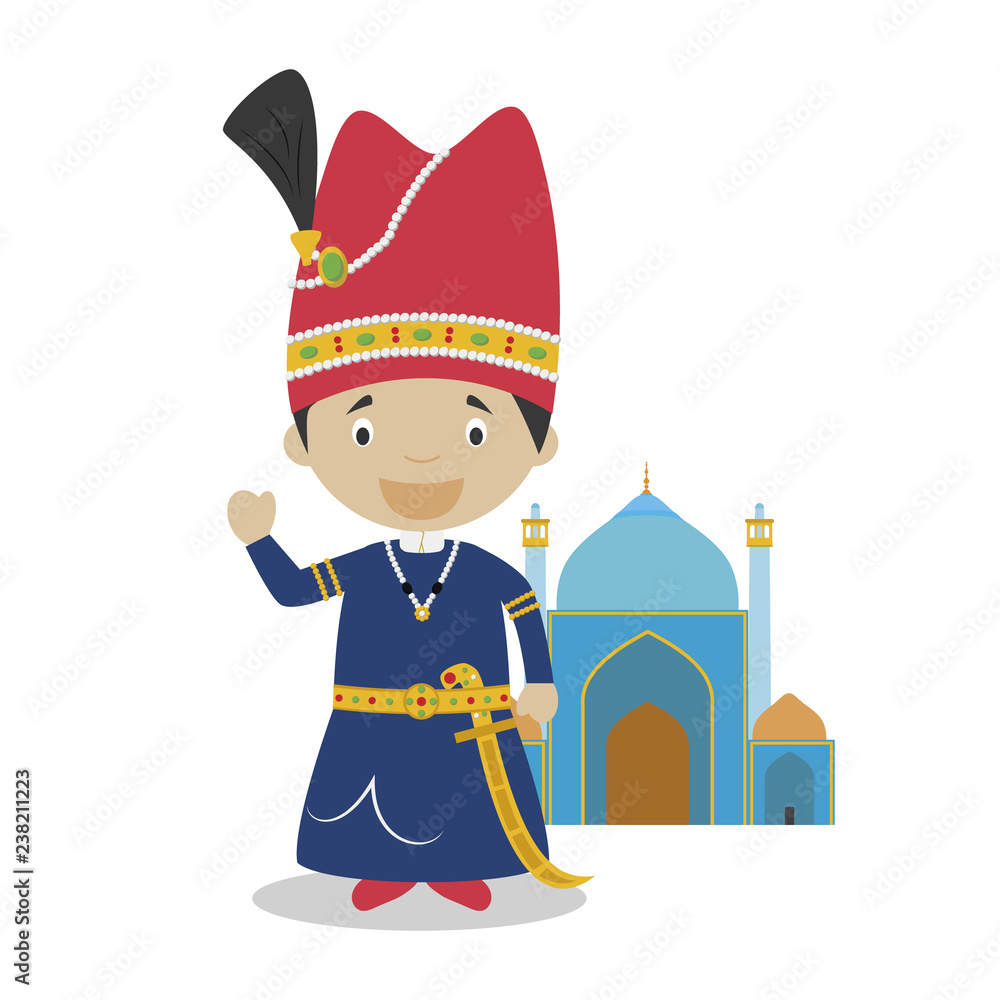 Shah empire cartoon character with Isfahan mosque. Vector Illustration ...