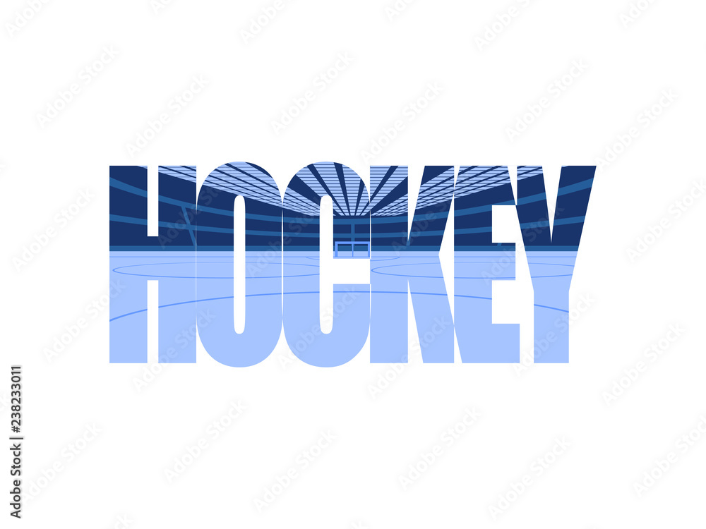 hockey, the word with the image of the ice arena inside, isolated image ...