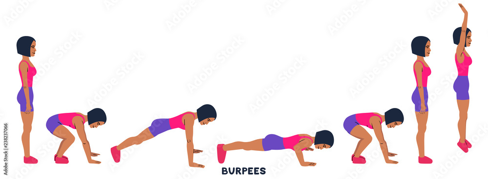 Burpee. Burpees. Sport exersice. Silhouettes of woman doing exercise ...