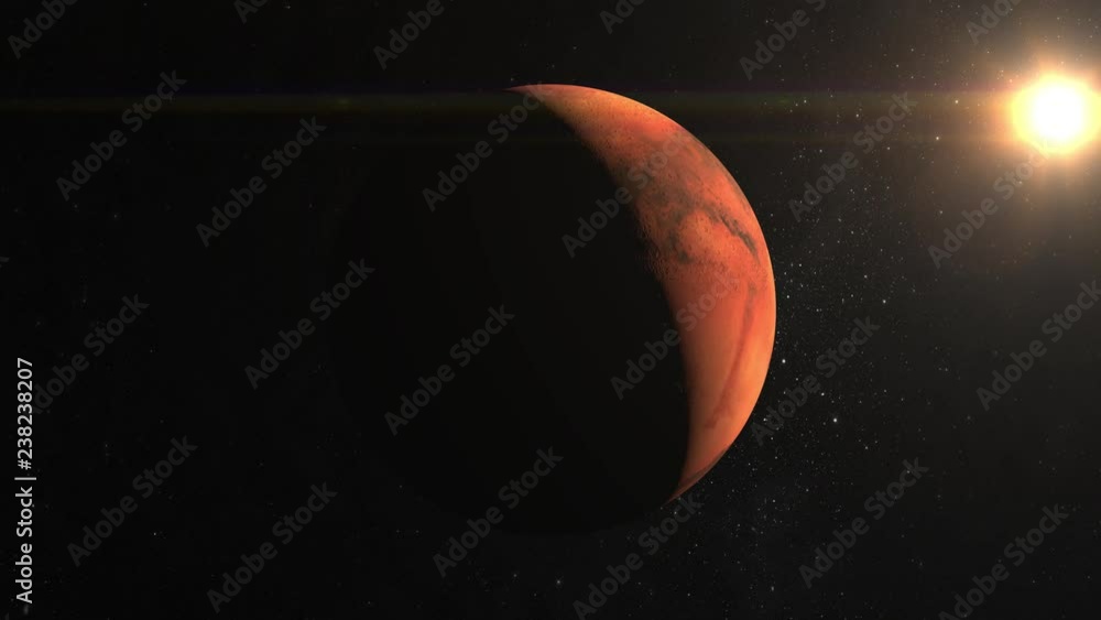 Planet Mars. View from space. Mars rotates slowly. The planet is ...