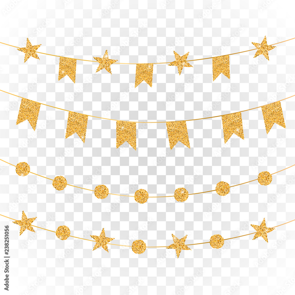 Holiday gold vector garland set on transparent background. Sparkling ...