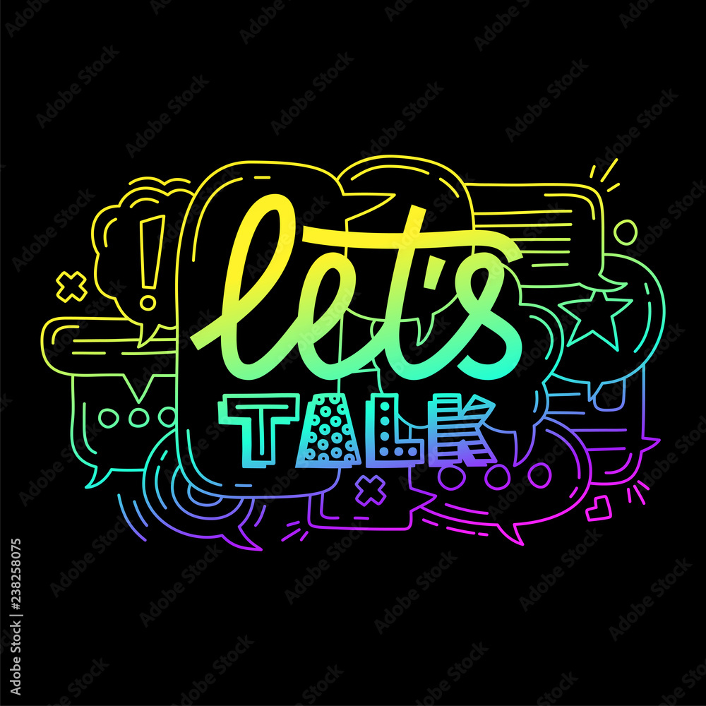 Doodle illustration of colorful dialog speech bubbles with icons and ...