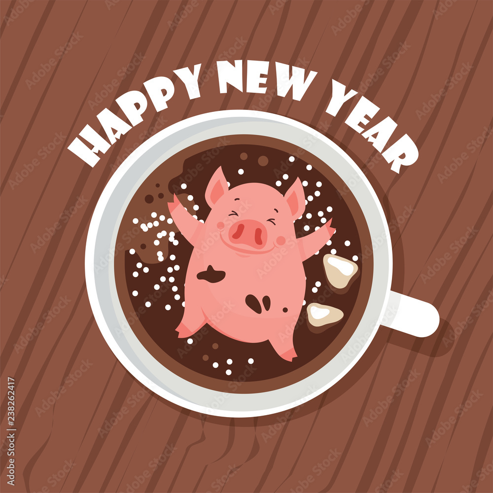 Cute and funny Happy New Year greeting card , year of a pig. Cute ...