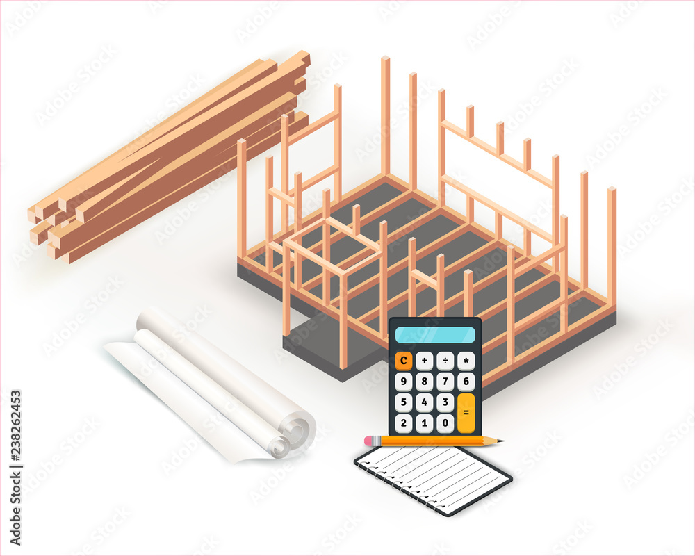 Timber frame house base construction design. Architecture project ...