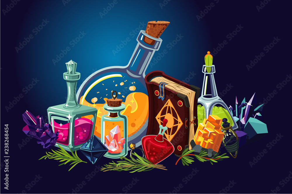 Magic lab with fantasy objects. Cartoon background with alchemy objects ...