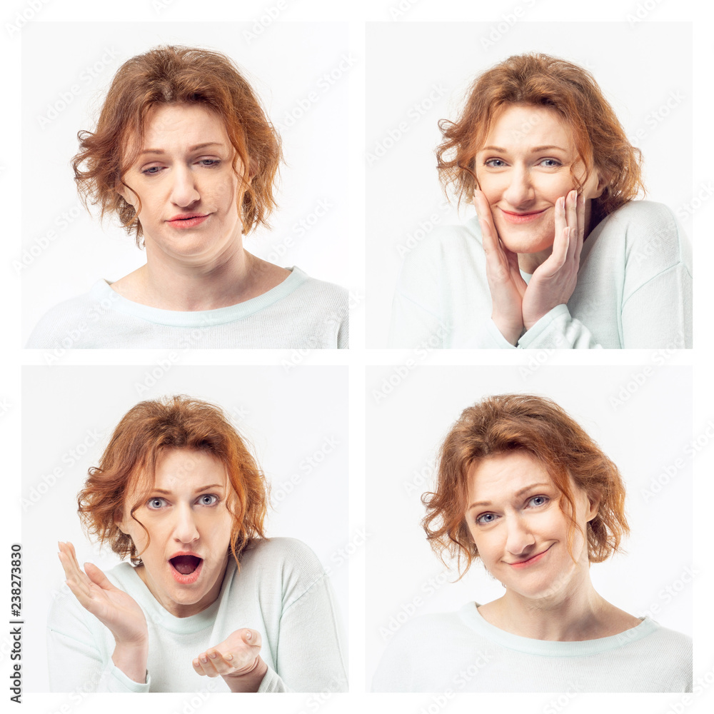 The collage from different face expressions of a senior beautiful ...