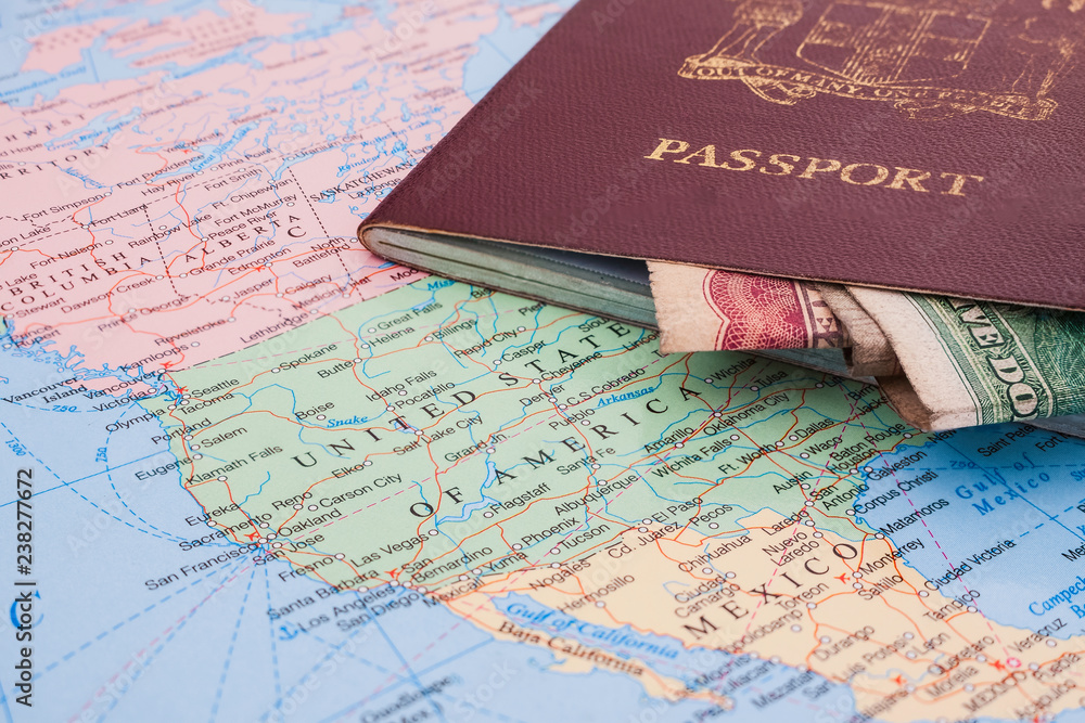 Immigration passport on a map showing the border between the United ...