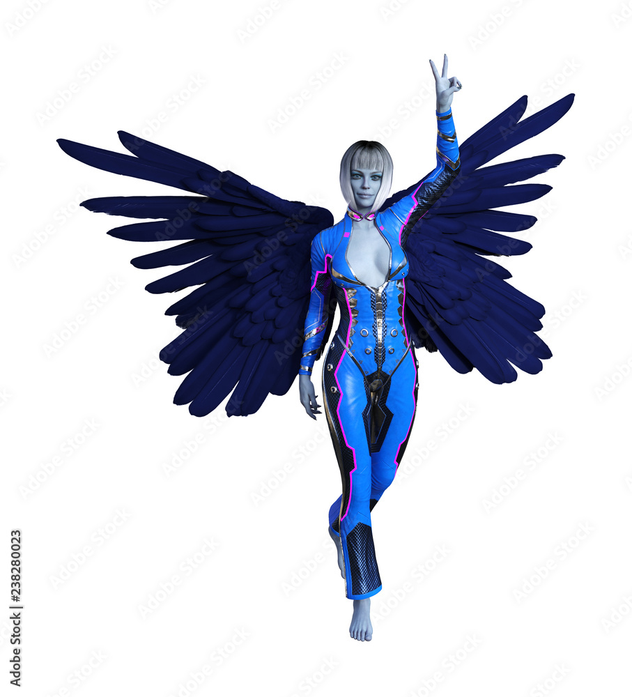 3d Illustration of winged humanoid shaped extraterrestrial with upright ...