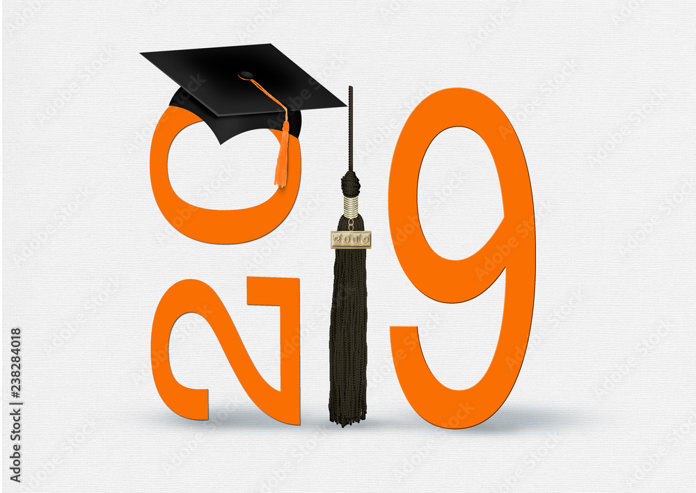 black graduation cap and tassel with bold orange 2019 numbers on soft ...