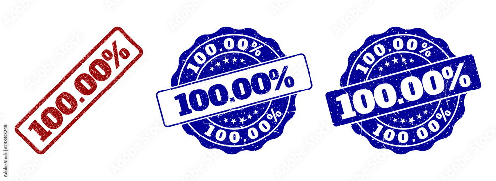 100.00% grunge stamp seals in red and blue colors. Vector 100.00% ...