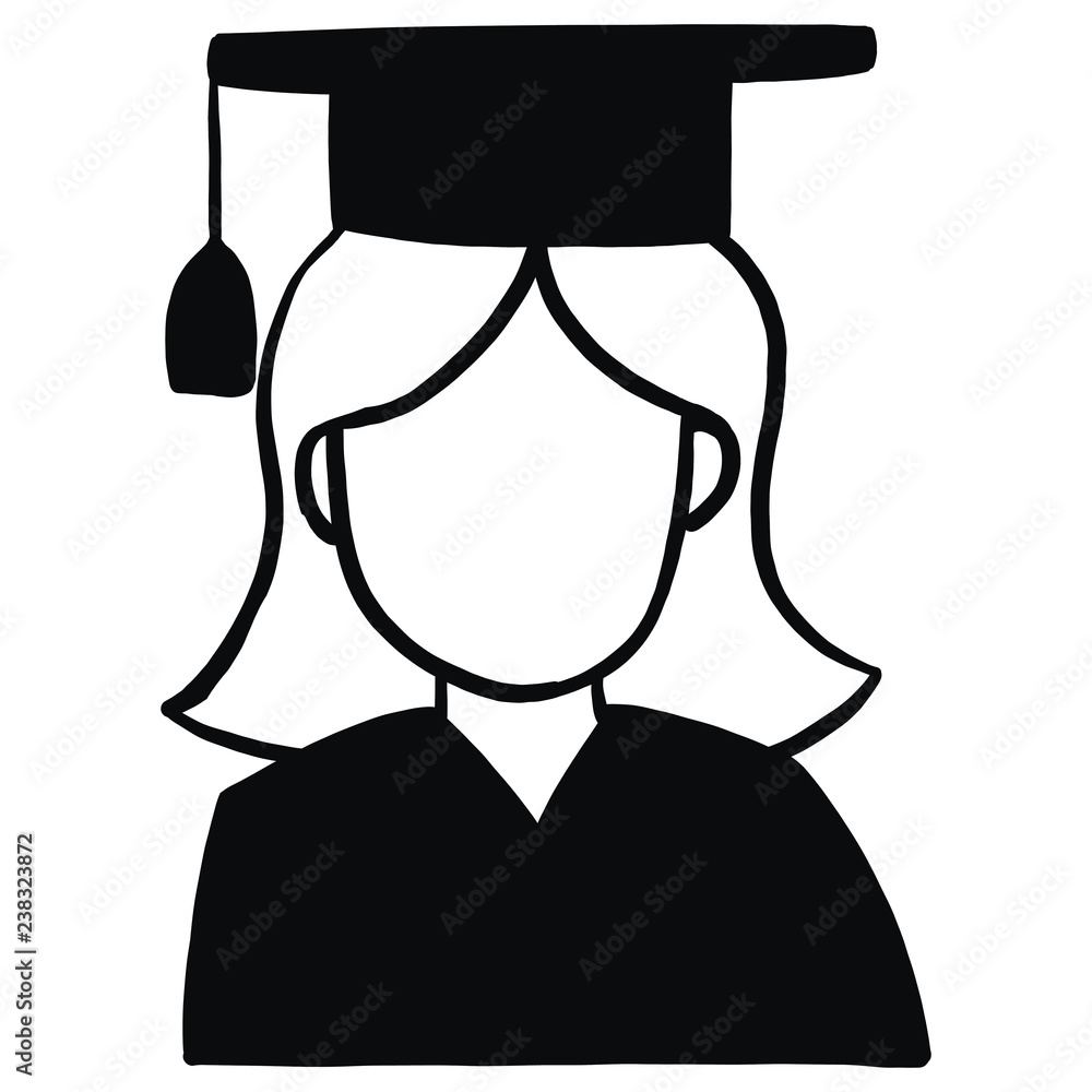Female cartoon head with no face in white and black. Student with hat ...