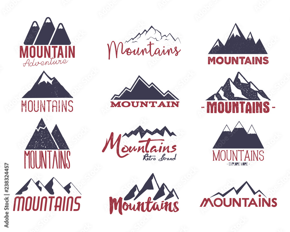 Mountain emblems set. Vintage hand drawn adventure logos. Camping ...