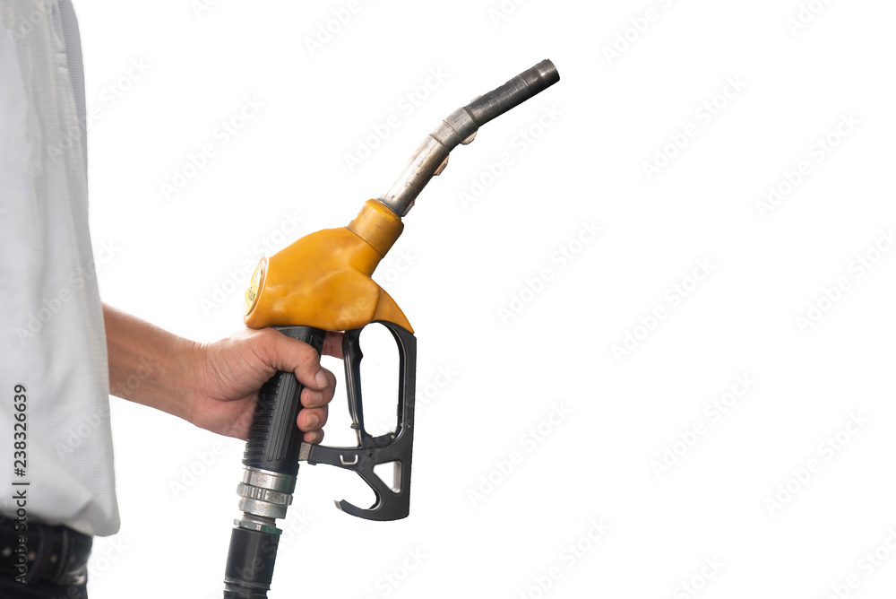 Pumping equipment gas at gas station. Close up of a hand holding fuel ...