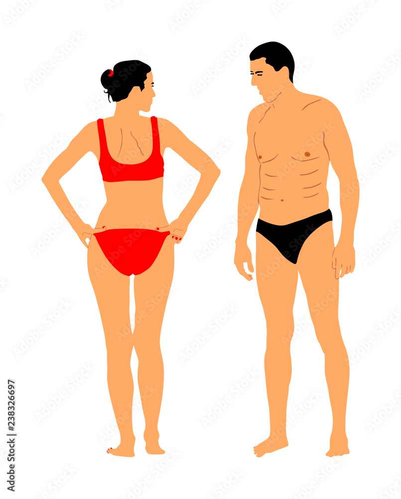 Couple in love on beach. Sexy suntan woman and man sunbathing in bikini vector illustration ...