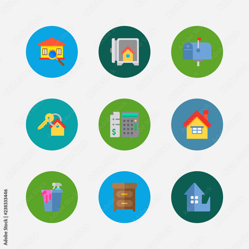 Building icons set. Key and building icons with cleaning service ...