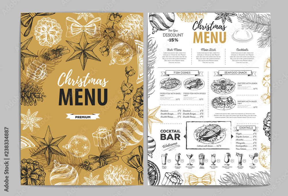Hand drawing Christmas holiday menu design. Restaurant menu Stock ...