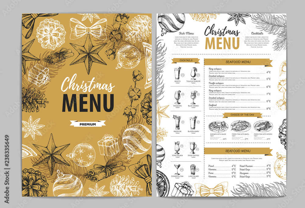Hand drawing Christmas holiday menu design. Restaurant menu Stock ...