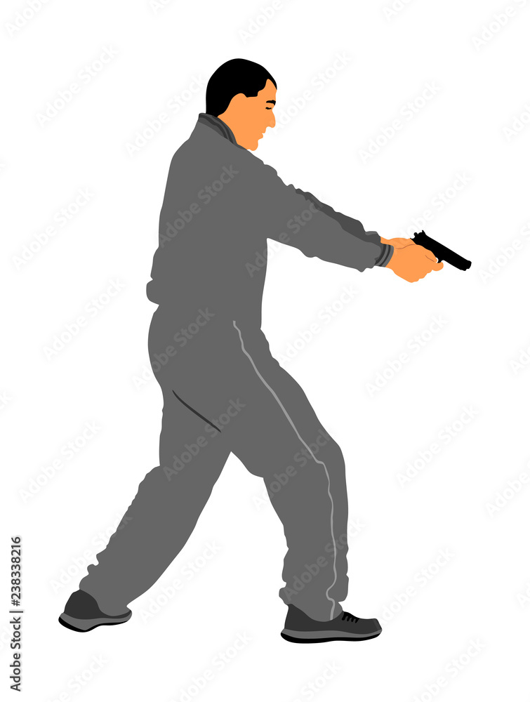 Public crime scene, gunfight battle. Man with gun shooting vector ...