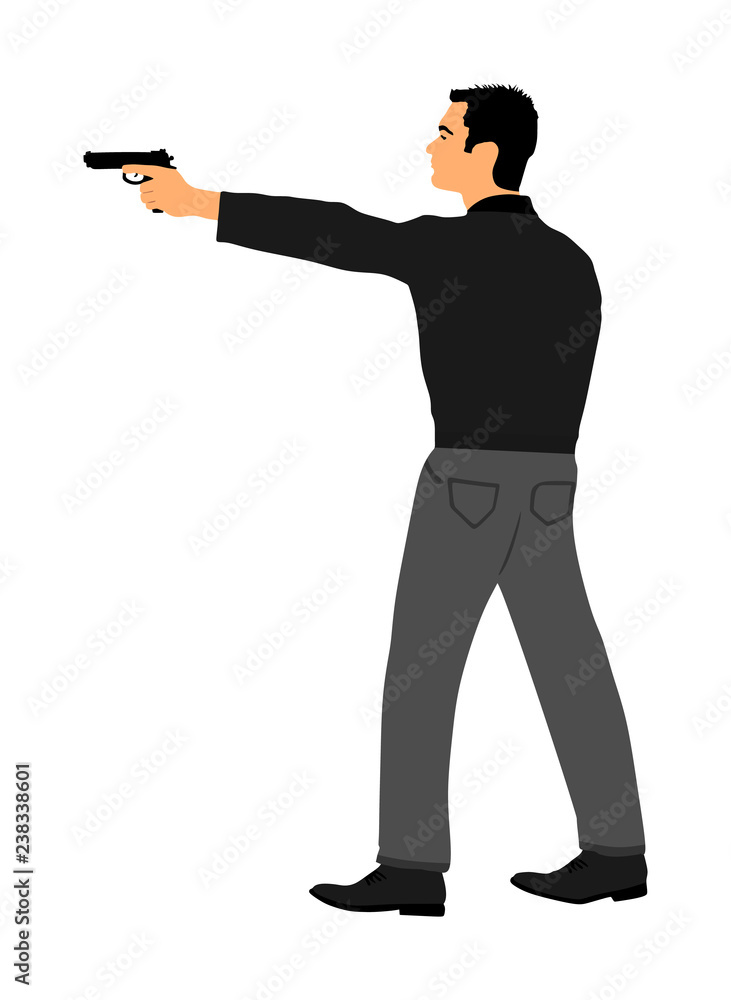 Public crime scene, gunfight battle. Man with gun shooting vector ...
