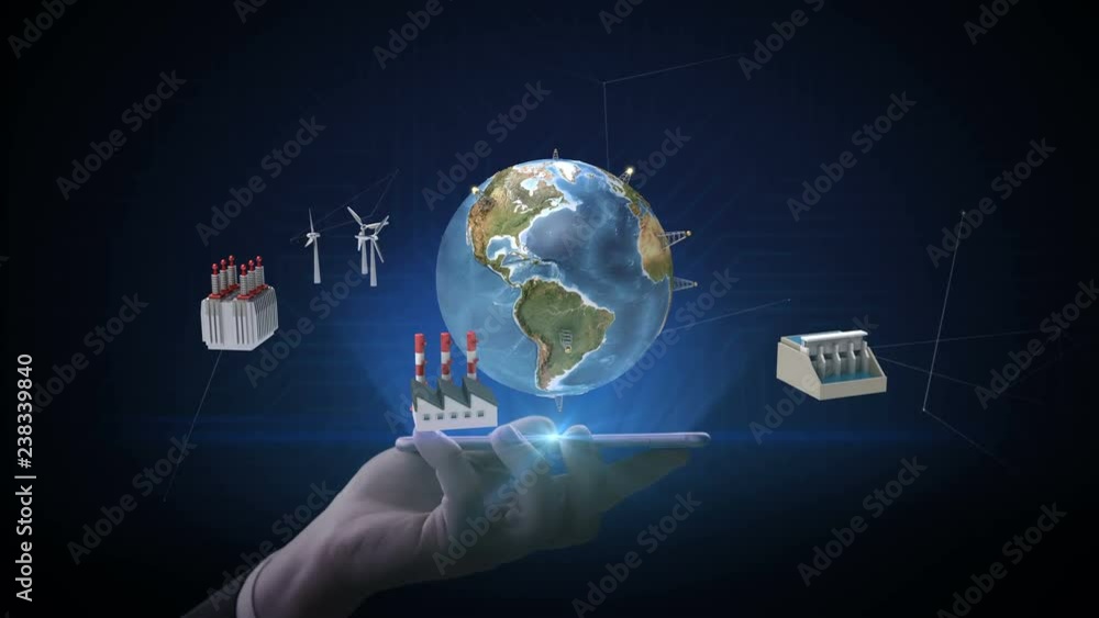 Lifting smart phone, Smart Factory, solar panel, wind generator ...