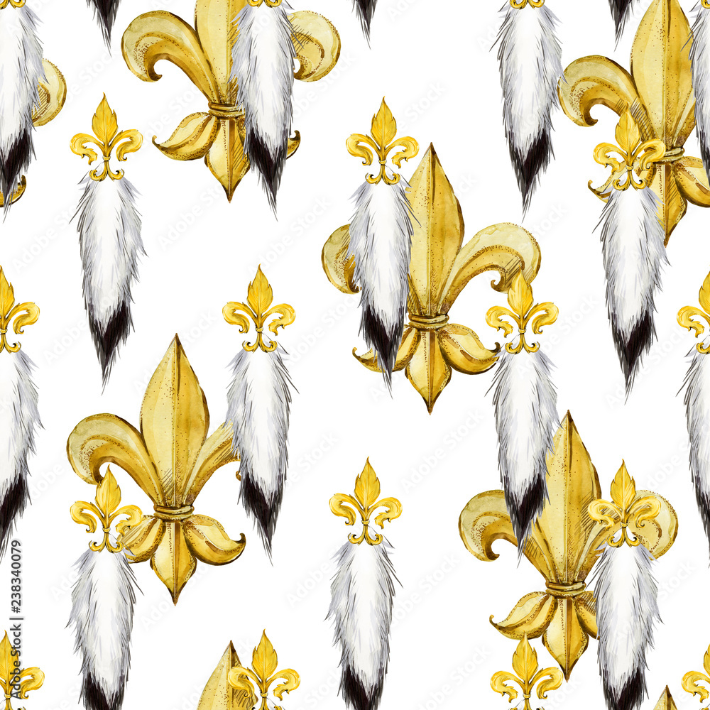 watercolor golden fleur-de-lis pattern. Royal Gold lily. ermine tails ...