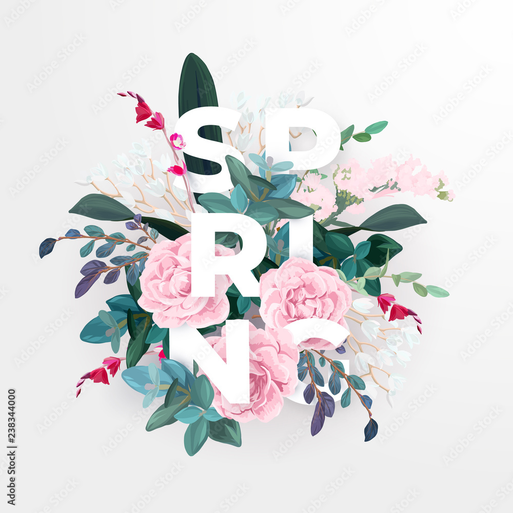 Floral spring design with white may flowers, green leaves, eucaliptus ...