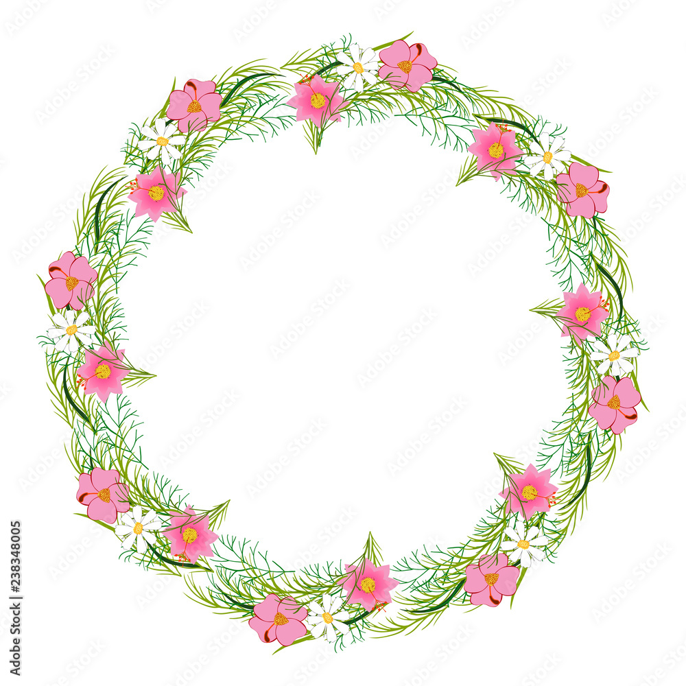 vector round wreath of flowers and leaves on white background, for ...