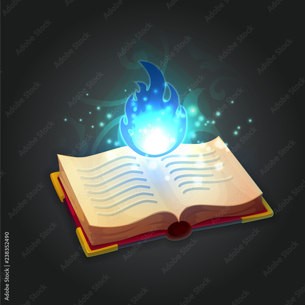Ancient wizard's open book with a glowing fireball above the pages ...