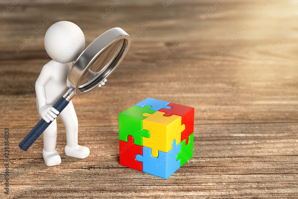 3D Illustration weißes Männchen mit Lupe und Puzzleteile Stock ...