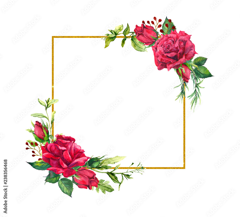 Red roses, square golden border. Watercolor frame with flowers, wild ...
