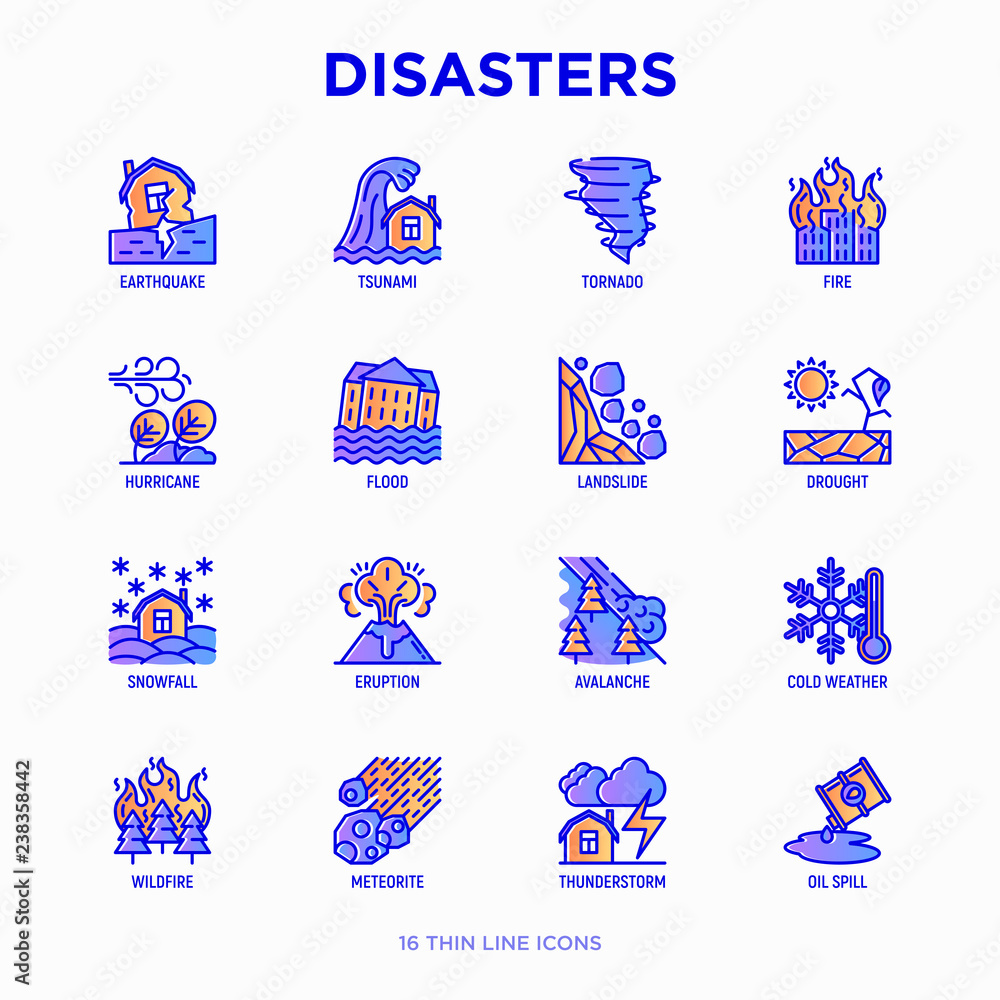 Disasters thin line icons set: earthquake, tsunami, tornado, hurricane ...