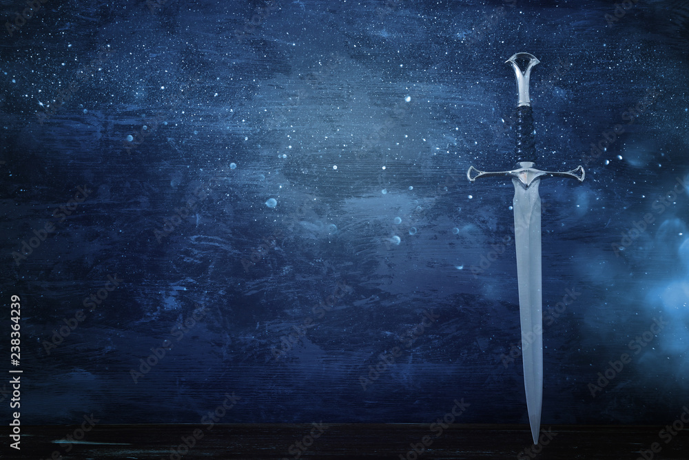 low key banner of silver sword. fantasy medieval period. Stock Photo ...