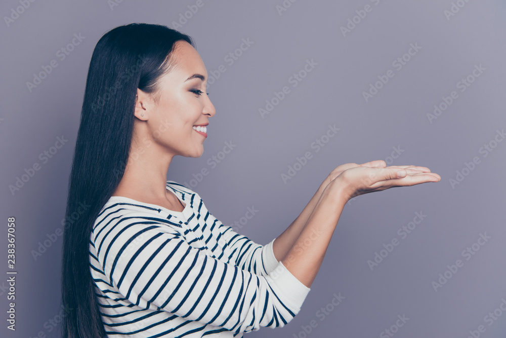 Close up side profile photo of beautiful charming attractive she her ...