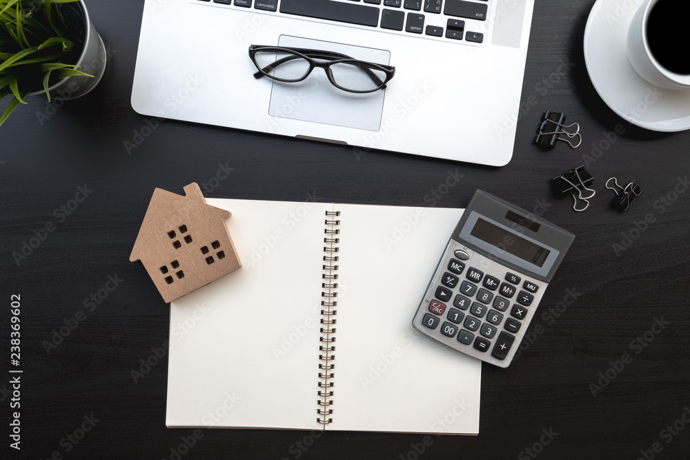 Flat lay of top view modern black wood desk work table with computer ...