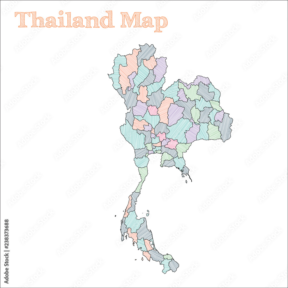 Thailand hand-drawn map. Colourful sketchy country outline. Delicate ...