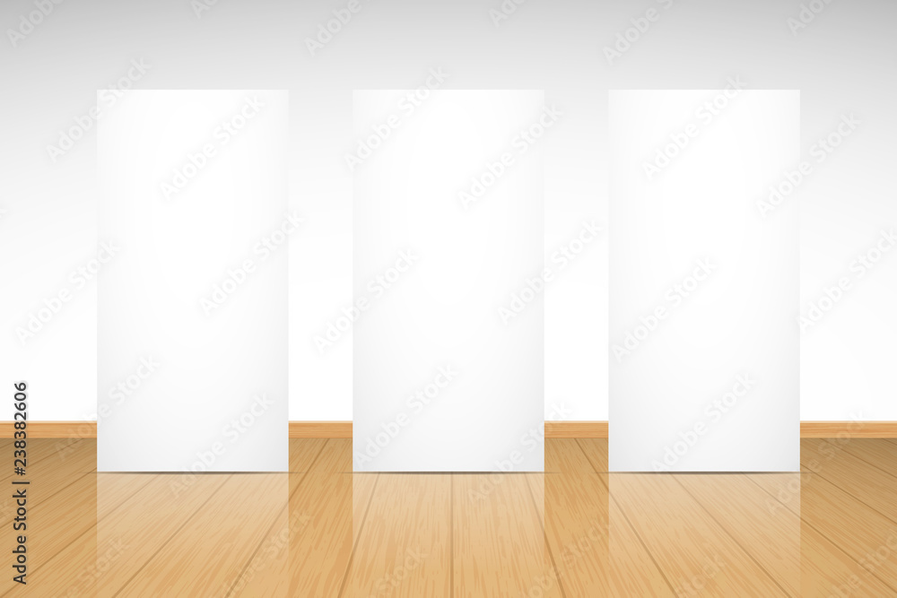 Realistic scene show the three white boards on the glossy wooden floor ...