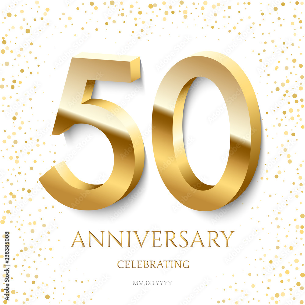 Golden 50th Anniversary Celebrating text and confetti on white ...