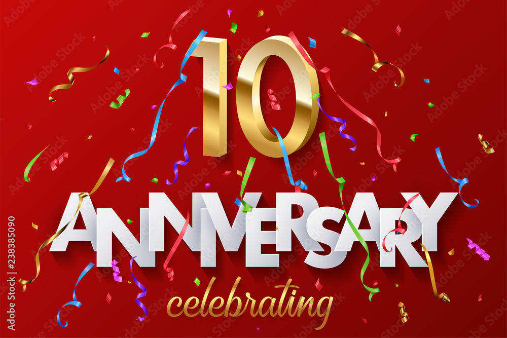 10 golden numbers and Anniversary Celebrating text with colorful ...