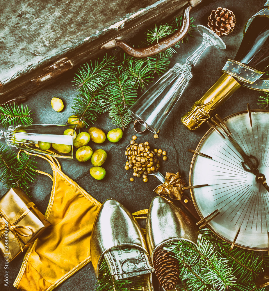 LATIN AMERICAN AND SPANISH NEW YEAR TRADITIONS. empty suitcase, lentil ...